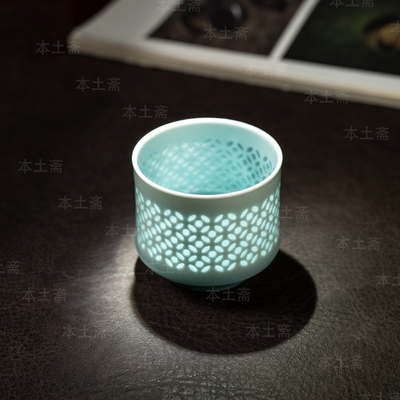 本土斋 青瓷手工玲珑杯 粉青透光主人杯 高端茶器岩茶杯 闻香杯子