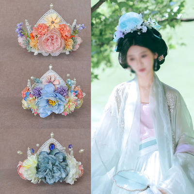 唐宋明制云鬓簪花发饰写真影视剧汉服头冠整顶假发套套装绢花头冠