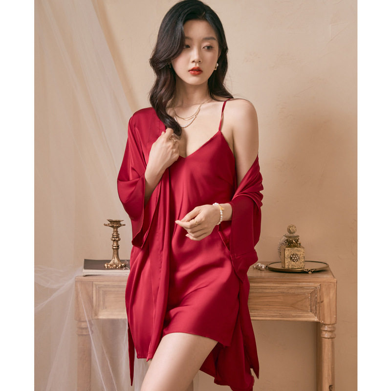 丝绸睡衣带胸垫春秋女式吊带睡裙睡袍夏季性感家居服二件套装
