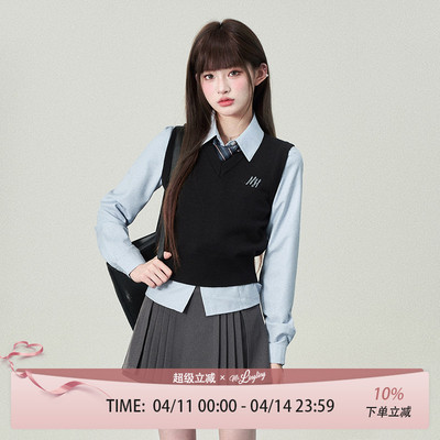 花铃太太原创jk制服清谭大韩式制服背心女款针织叠穿学院风黑马甲