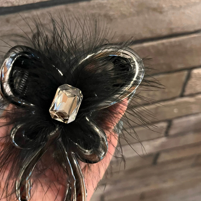 E3535 黑色纯色鸵鸟毛天然毛毛手工方锆抓夹 蓬松 显发量百搭11cm