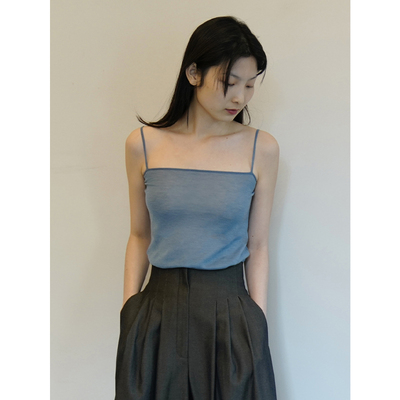 蓝色羊绒平领吊带背心Cha