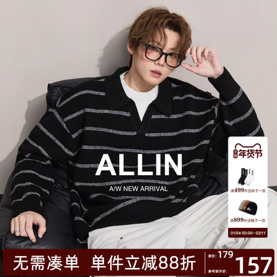 ALLIN 含羊毛条纹假两件毛衣男秋冬情侣慵懒风POLO翻领保暖针织衫