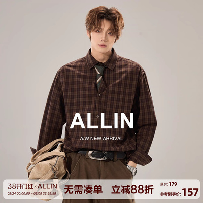 ALLIN 纯棉复古格子长袖衬衫男春秋季慵懒松弛高级感通勤格纹上衣