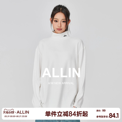 ALLIN 半高领t恤男女款春秋字母刺绣打底衫百搭纯色内搭情侣上衣