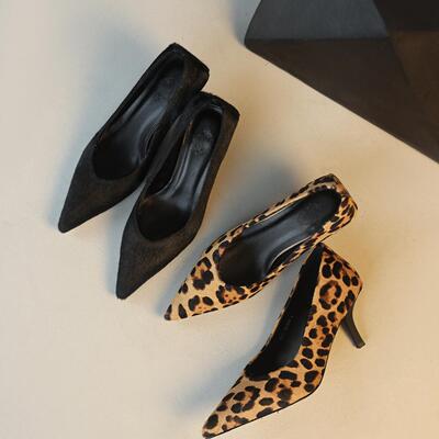 马毛X牛皮里柔软 浅口细跟尖头单鞋女性感豹纹高跟鞋2025年春季新