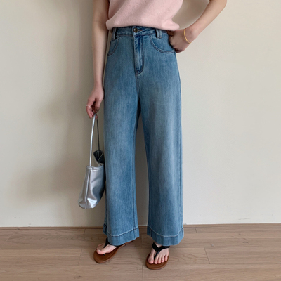 水洗棉简约复古百搭高腰牛仔裤女