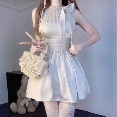 高级感甜美风千金风烫钻蝴蝶结无袖挂脖连衣裙女夏季收腰A字短裙