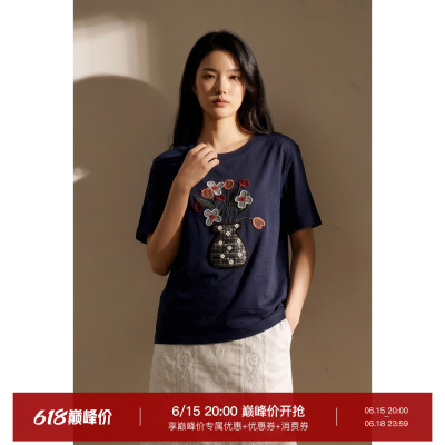 superr 刺绣藏青色圆领宽松直筒型正肩短袖T恤女夏2026新款