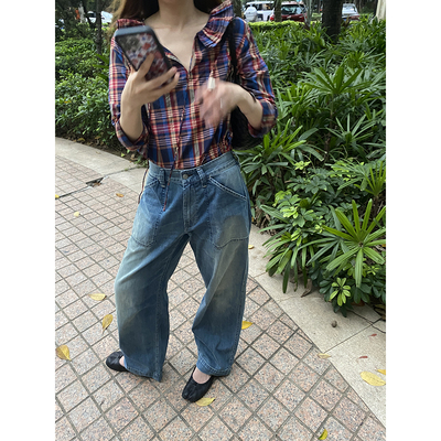 定织复古蓝高腰洗水牛仔裤