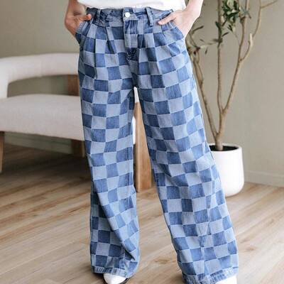 Women's Checkered Denim Wide Leg Jeans - All Seasons