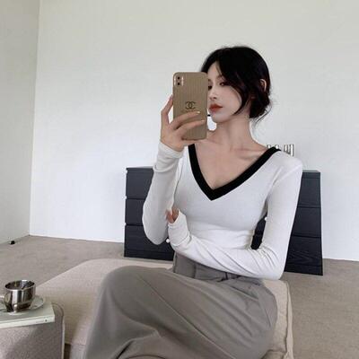 Women's Contrast Binding Backless Tee, Casual Basic Long Sve