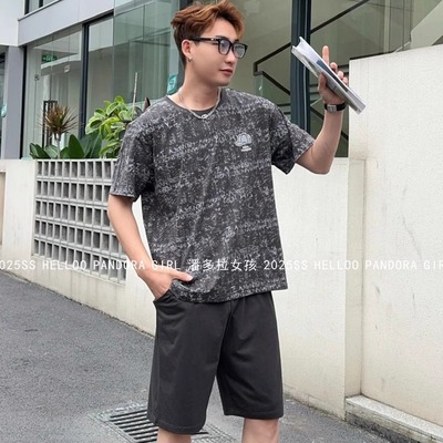 男士纯棉薄款短裤睡衣套装夏季新款字母短袖宽松可外穿家居服6639