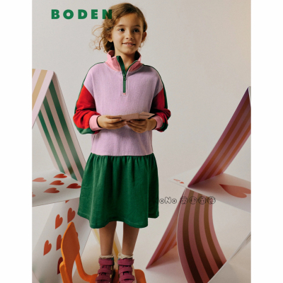 代购英国Mini Boden女童粉绿拼色长袖卫衣连衣裙纯棉2-14岁G5743