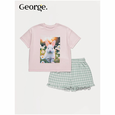 英国乔治George女大童兔子格短袖全棉家居服睡衣裤1-14岁1395690