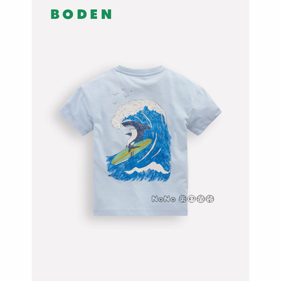 英国Mini BODEN男童浅蓝色鲨鱼冲浪短袖T恤全棉2-14岁新款B2962