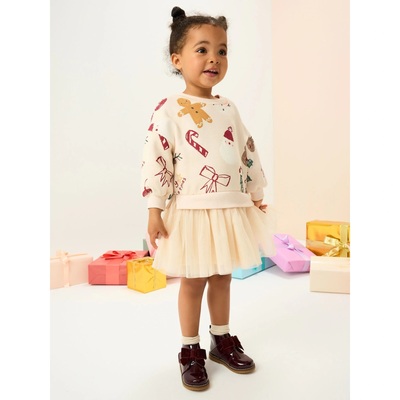 英国Next正品代购女童25秋圣诞姜饼人加绒连衣裙长袖卫衣AP9-473