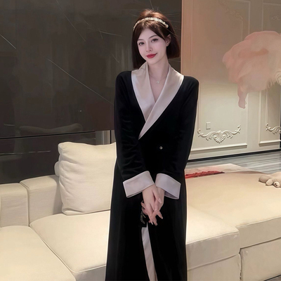 秋冬季睡衣女丝绒缎面气质轻奢翻领浴袍纯欲风长款外袍慵懒家居服