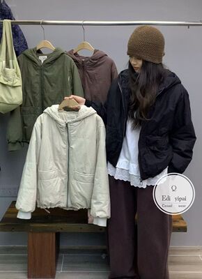 ED，33020#洗水棉面料羊毛绒填充棉衣简约时尚潮流百搭帽款棉服