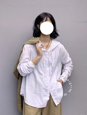 88180#砂洗棉麻配皮标帽款开衫衬衣衬衫女简约百搭时尚潮流