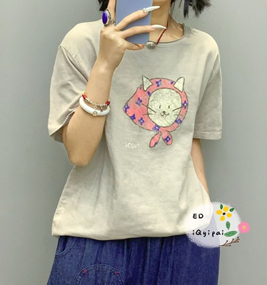 ED7456#夏季新款纯棉砂洗双纱棉配竹节棉卡通印花短袖女百搭短袖
