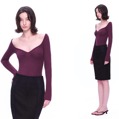紫色修身弹力大V领长袖T恤打底