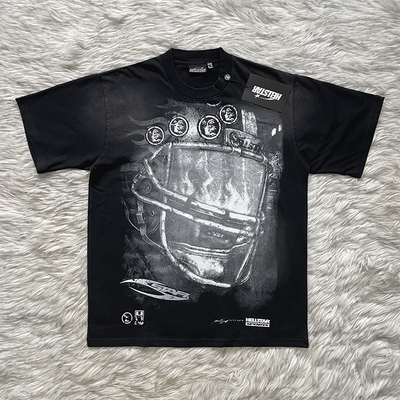 Hellstar Studios Gel Sport Logo tee火焰头盔印花黑色纯棉T恤