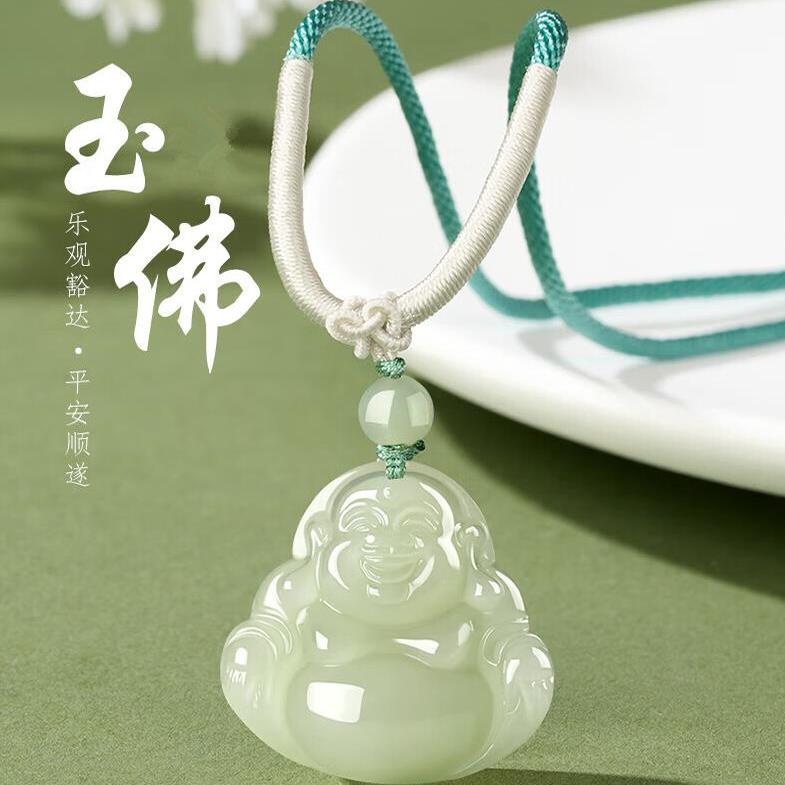 精雕晴水弥勒佛吊坠天然青白玉石佛公吊坠大肚笑佛玉坠项链女玉佛