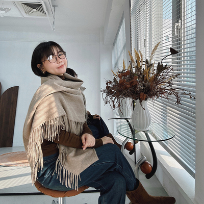 糖皮出品 内蒙古阿拉善羊毛羊绒 冬季保暖 格纹流苏大披肩围巾