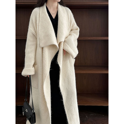 鹿西 韩系慵懒大翻领针织开衫女秋季新款软糯羊毛宽松长外套ss862