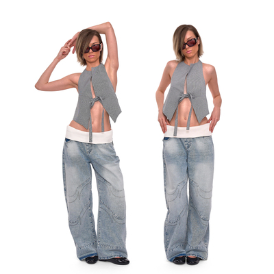 小众翻折美式辣妹低腰阔腿牛仔裤