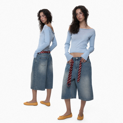 低腰复古美式做旧直筒七分牛仔裤