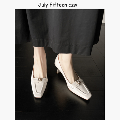 头层牛皮~方头皮带扣浅口高跟鞋