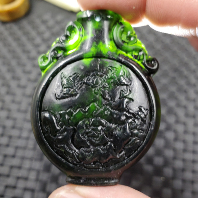 玉石挂件新疆和田墨玉花瓶挂件墨绿蛇纹石玉花开富贵吊坠玉牌玉坠
