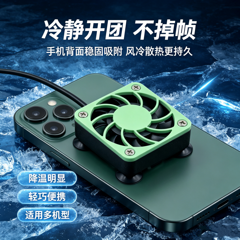 绿色吸盘风冷手机散热器适配各类手游上分直播静音稳固吸附不滑落