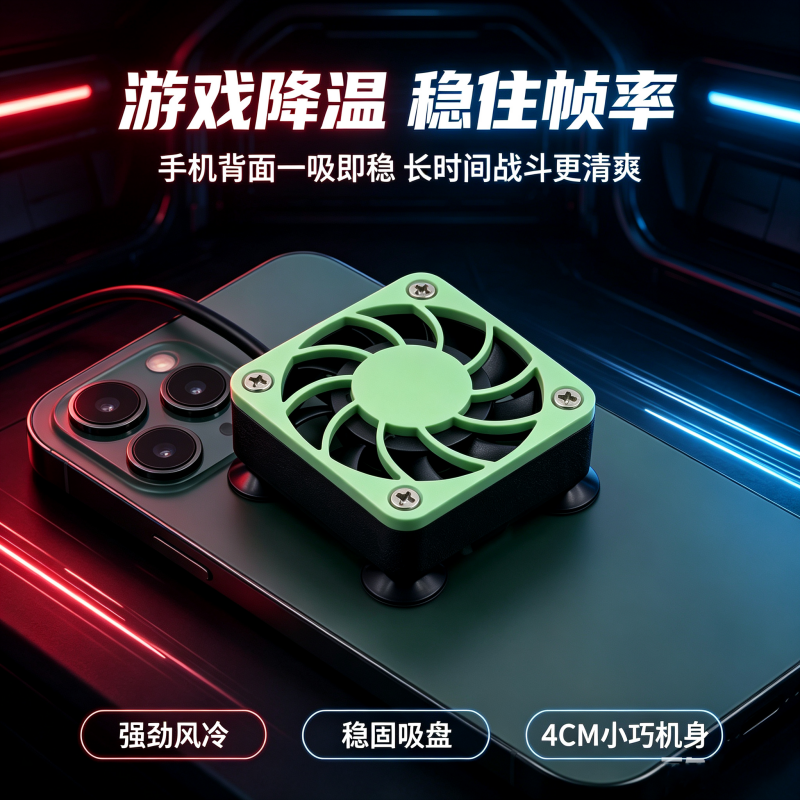 绿色便携手机后背散热器射击手游专用低噪风冷吸盘式手机制冷风扇