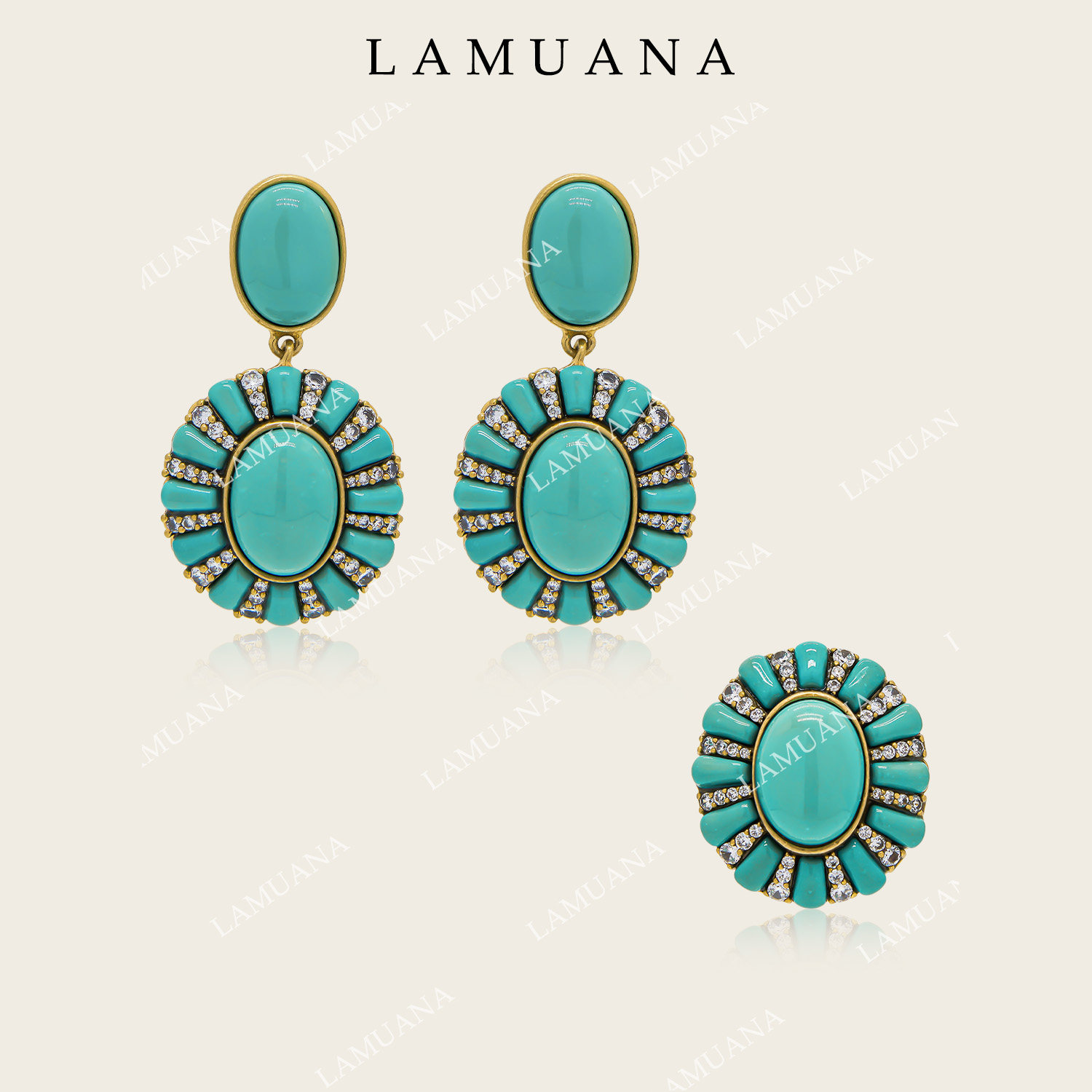 LAMUANA湖水蓝绿松太阳花耳钉复古中古风夸张度假风耳环戒指套装