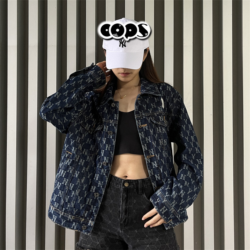 MLB男女外套2022新款复古老花满标NY休闲潮流牛仔夹克3ADKM0121_虎窝淘