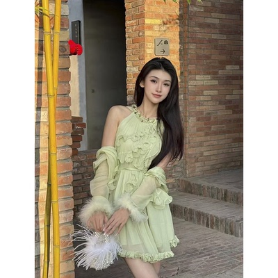 拉拉家夏季新款浪漫优雅立体玫瑰花无袖挂脖宽松连衣裙GBMQ68198