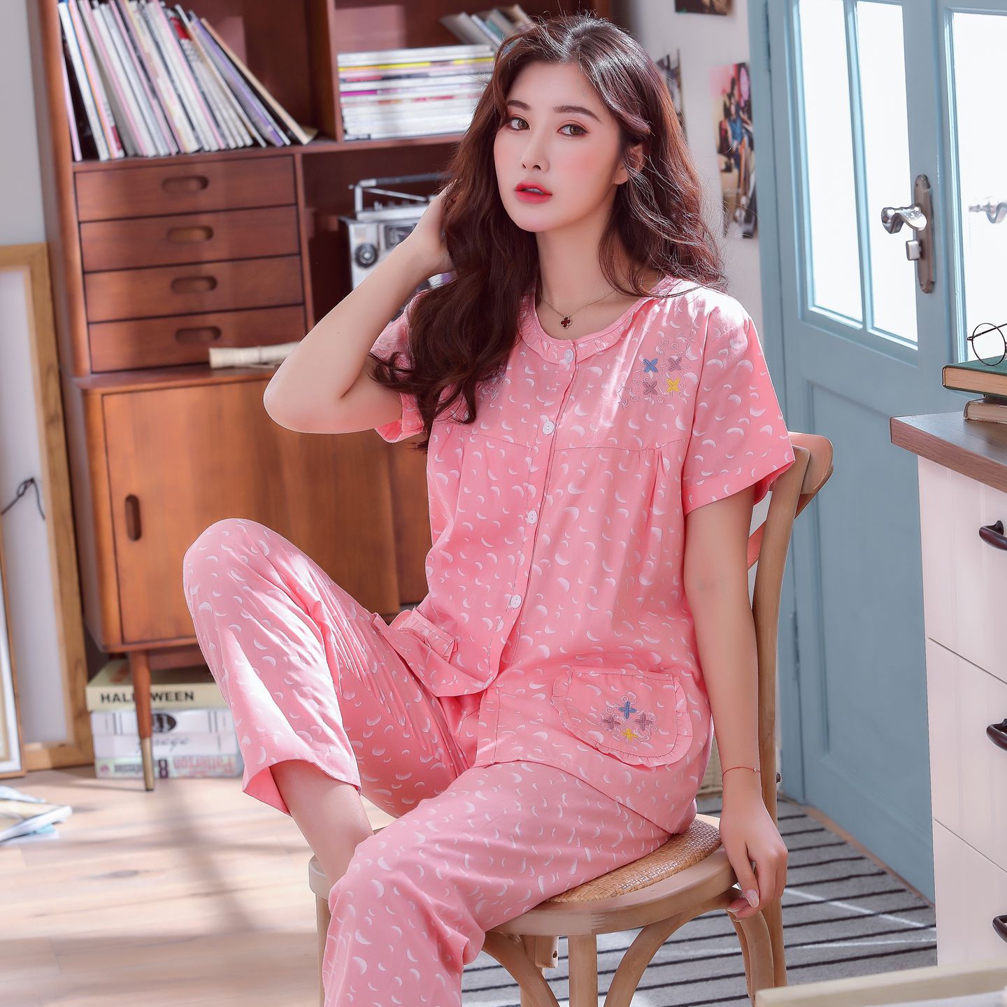 纯棉布短袖睡衣夏季女士梭织全棉格子宽松大码薄月子服套装家居服