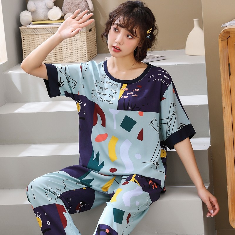短袖可爱女纯棉绸家居服夏春季人造棉大码睡衣绵绸薄款套装空调服