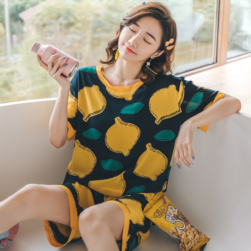 睡衣女夏季薄款棉绸套装人造棉短袖短裤可爱宽松绵绸家居服两件套