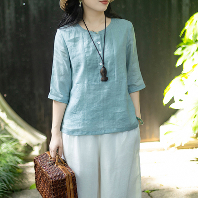 文艺简约肌理感苎麻圆领百搭上衣