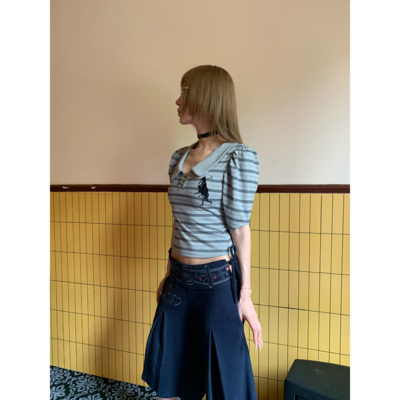 吓死香蕉条纹娃娃领公主袖POLO