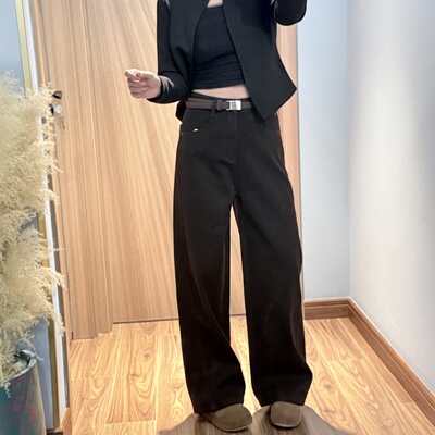 JEANS68710小个子冬季加绒2025新品四面弹黑色十分阔腿牛仔裤女S