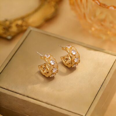 14K Gold Plated Filigree Lace Huggie Earrings, CZ Crystal Re