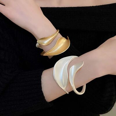 Minimalist Frosted Metal Leaf Open Bangle for Women Girls Go