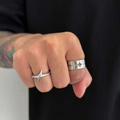 Punk Silver Color Four Star Open Ring for Women Men Fashion