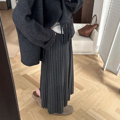 Women's Knitted Pleated Skirt Pure Color Commuting Ankle Len