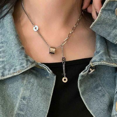 Stainless Steel Striped Bead Pendant Necklace Women Men Spli